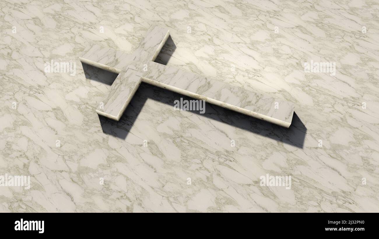 Concept or conceptual marble cross on a pattern white marble background ...