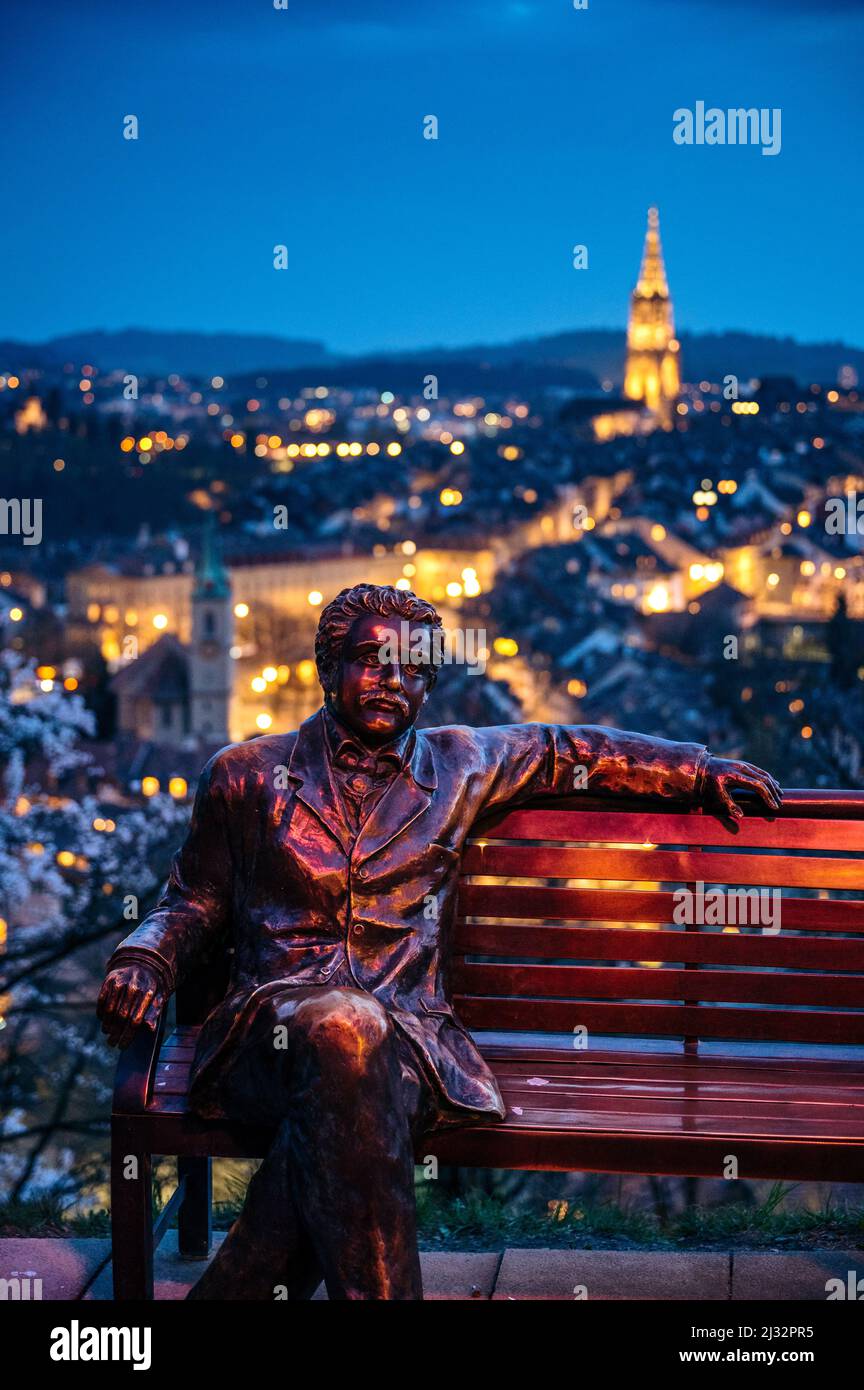 bench with statue of Albert Einstein in Rosengarten in front of the ...
