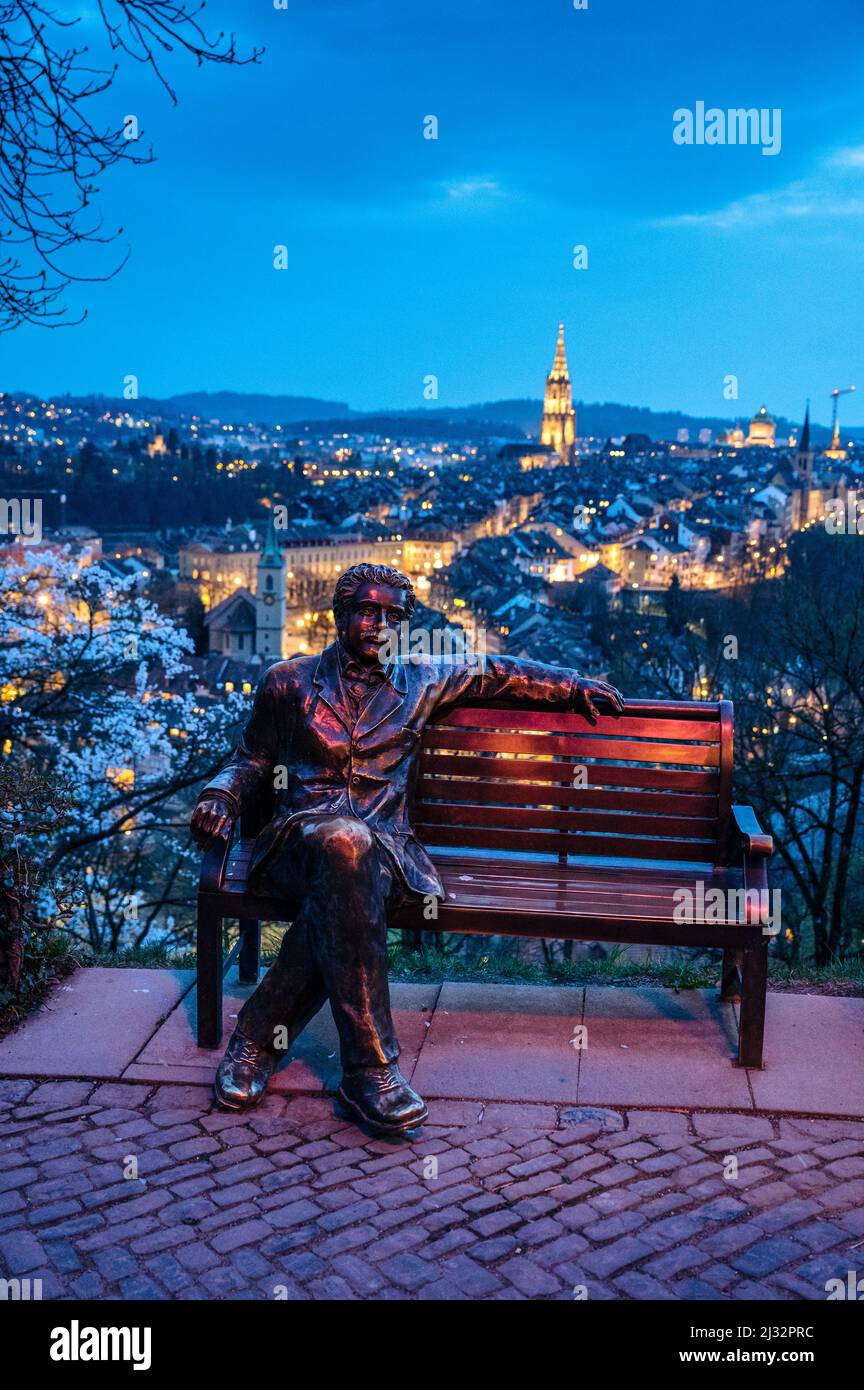 bench with statue of Albert Einstein in Rosengarten in front of the ...