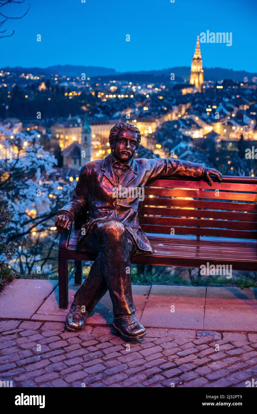 bench with statue of Albert Einstein in Rosengarten in front of the ...