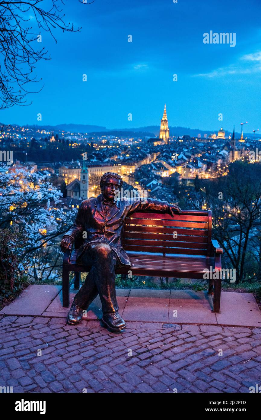 bench with statue of Albert Einstein in Rosengarten in front of the ...