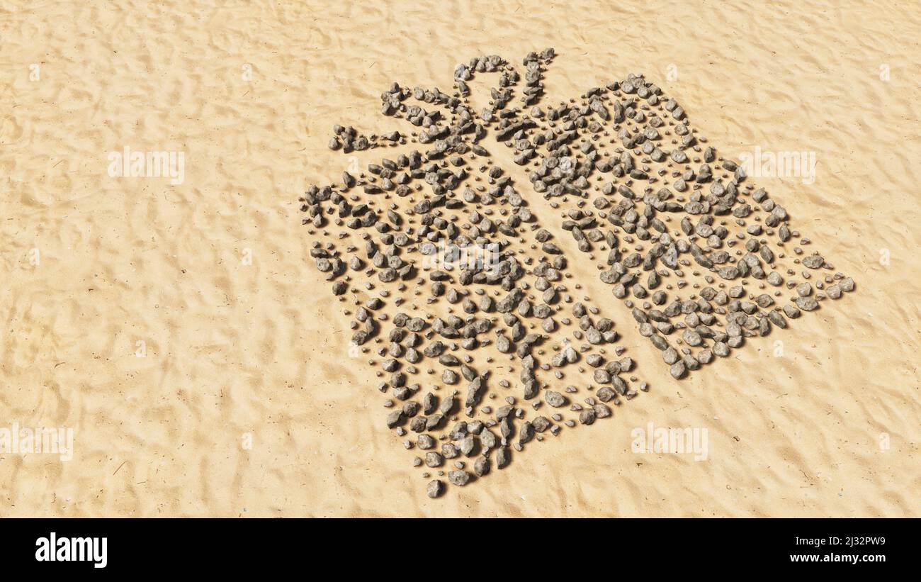 Concept conceptual stones on beach sand handmade symbol shape, golden ...
