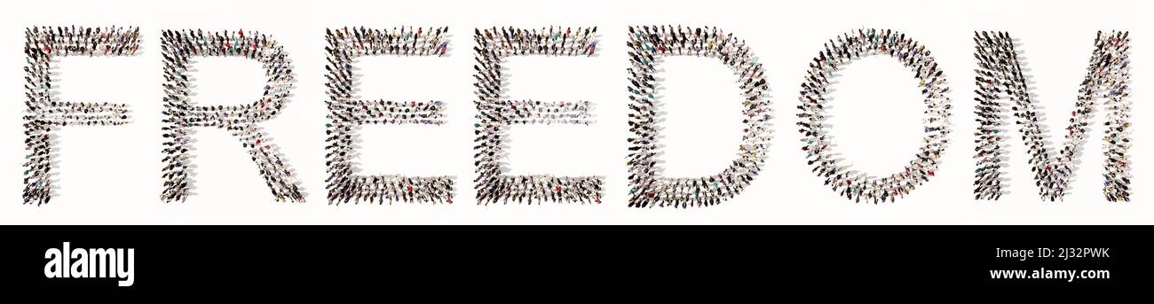 Concept conceptual large community of people forming FREEDOM word. 3d ...