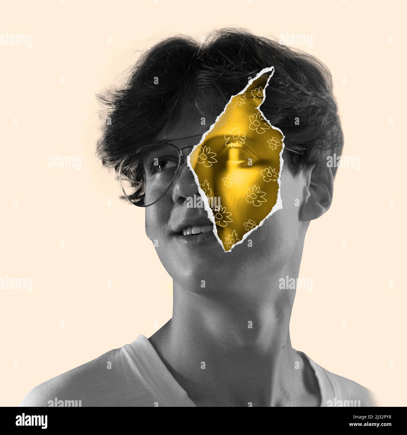 Contemporary artwork with portrait of happy man with effect of torn ...