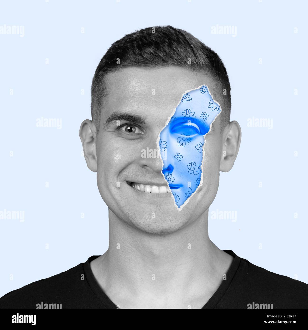 Contemporary artwork with portrait of happy man with effect of torn ...