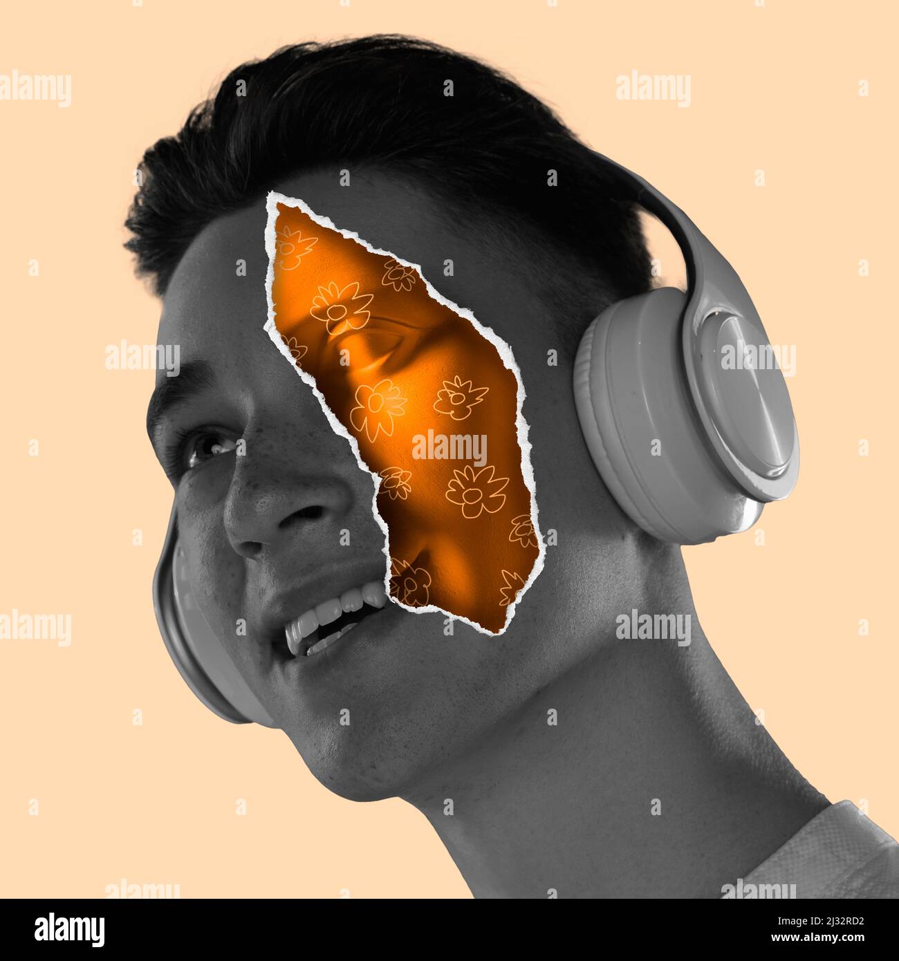 Contemporary artwork with portrait of happy man with effect of torn ...