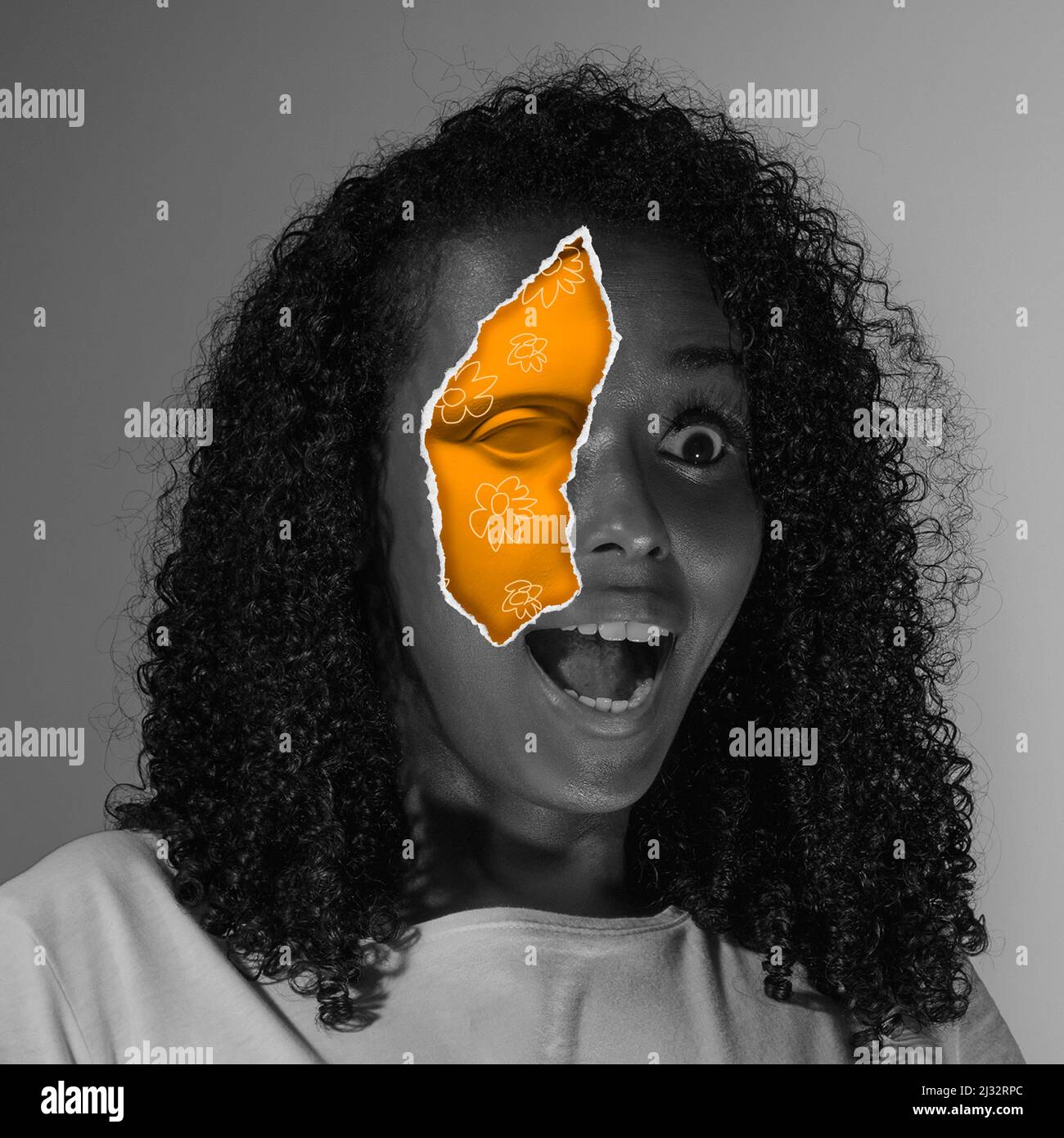 Conceptual collage with portrait of happy woman with effect of torn ...