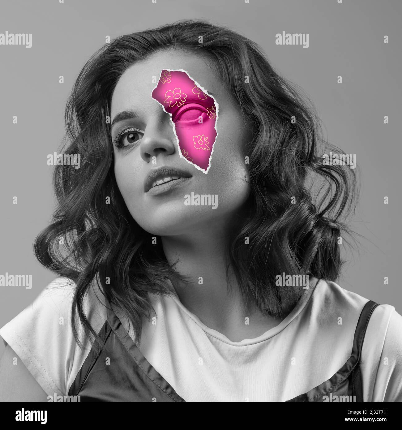 Conceptual collage with portrait of happy woman with effect of torn ...