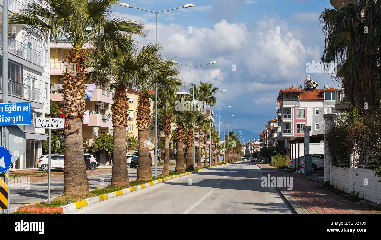 Side; Turkey – March 02 2022: Colorful Turkish streets with low houses ...