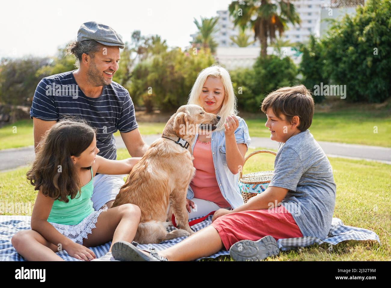 Young parents having fun with children and their pet outdoor at park in ...
