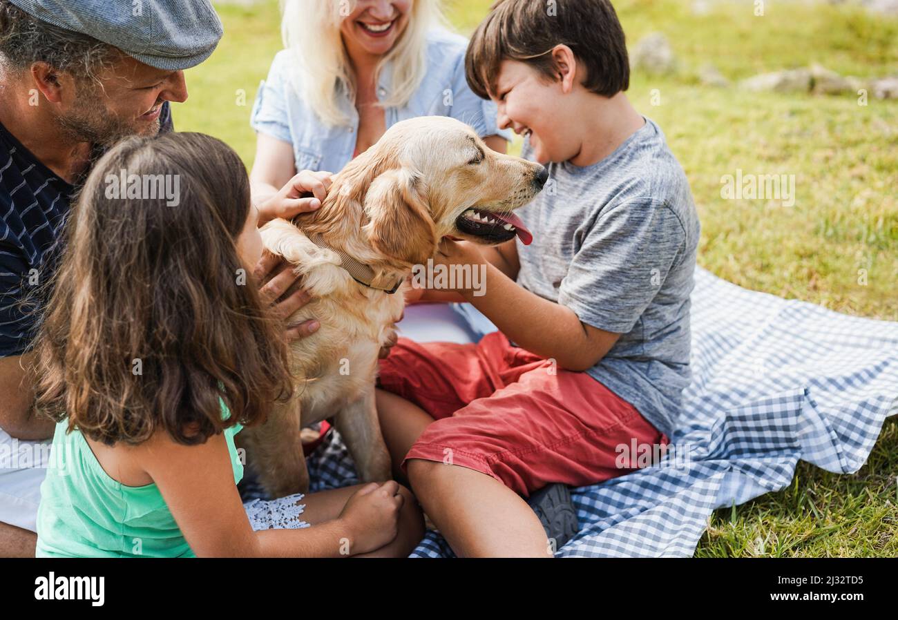 Young parents having fun with children and their pet outdoor at park in ...