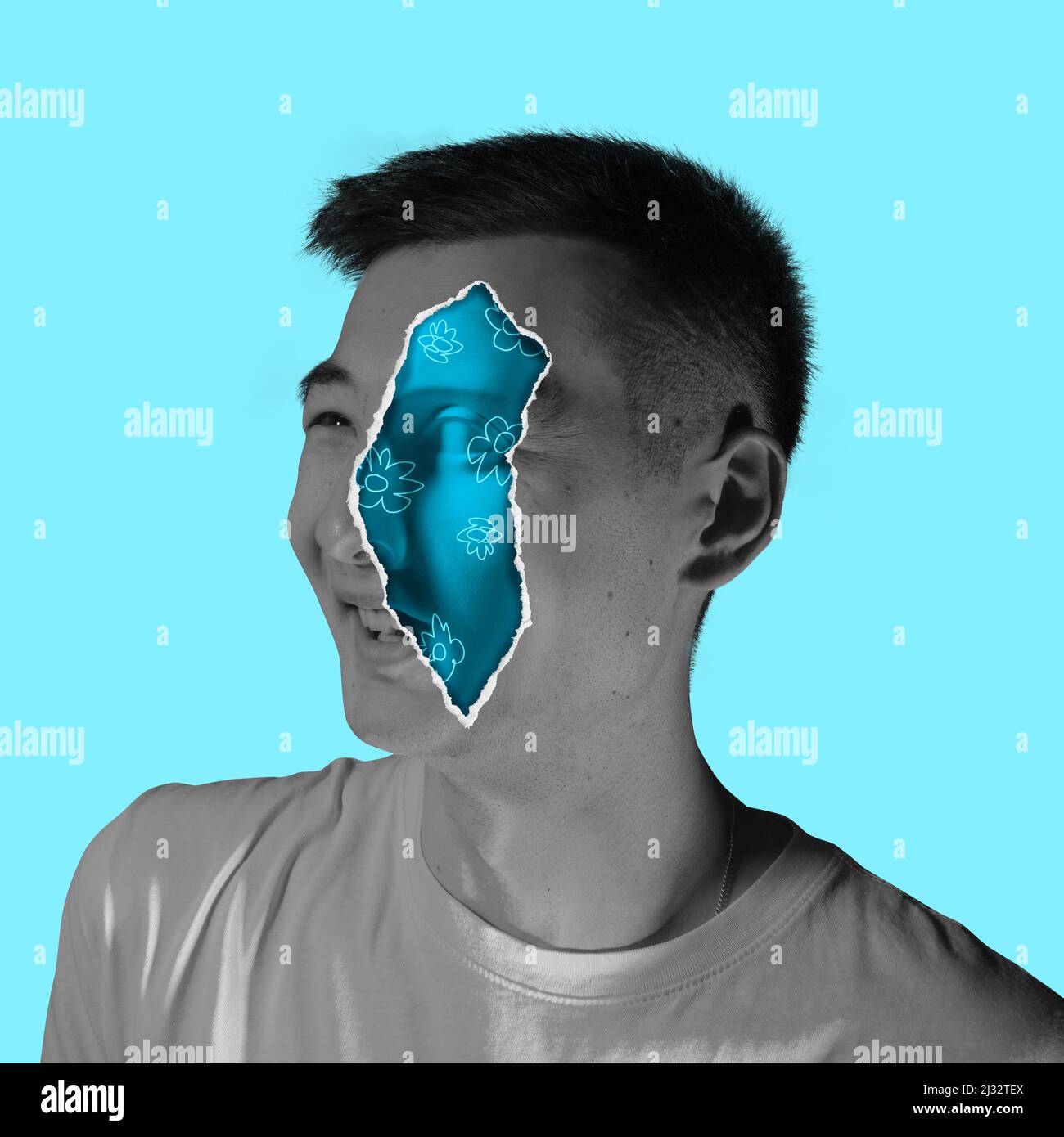 Contemporary artwork with portrait of happy man with effect of torn ...