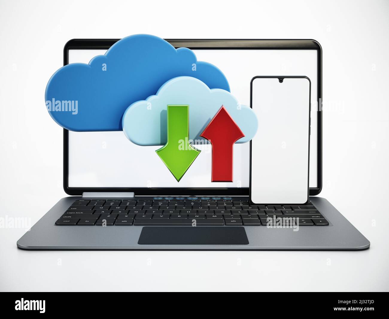 Laptop computer, smartphone and cloud symbols with green and red arrows ...