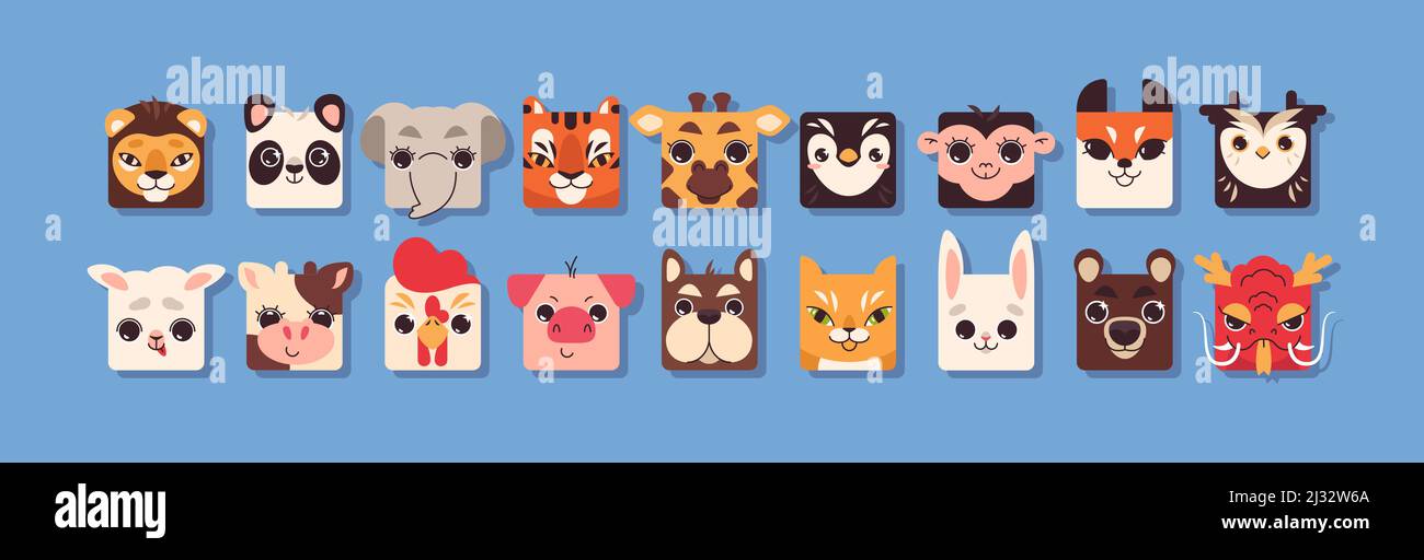 Cute square animal faces in flat style. Funny kids collection head ...