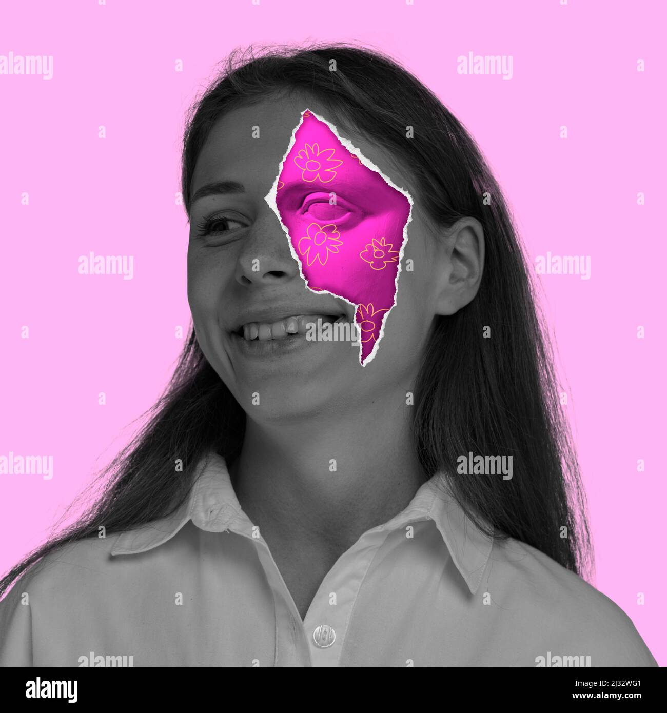 Conceptual collage with portrait of happy woman with effect of torn ...