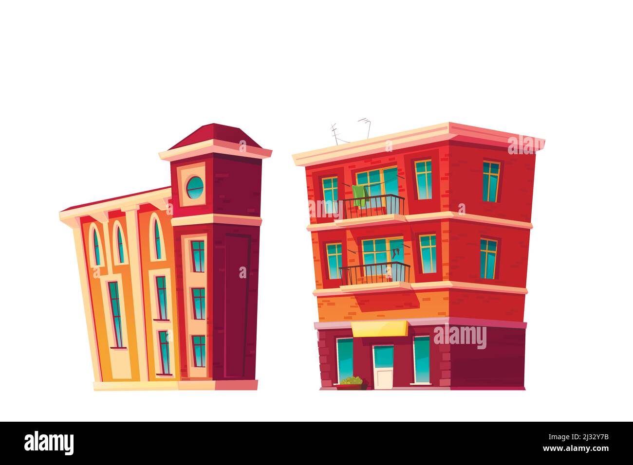 Urban retro building cartoon vector set illustration. Old residential ...