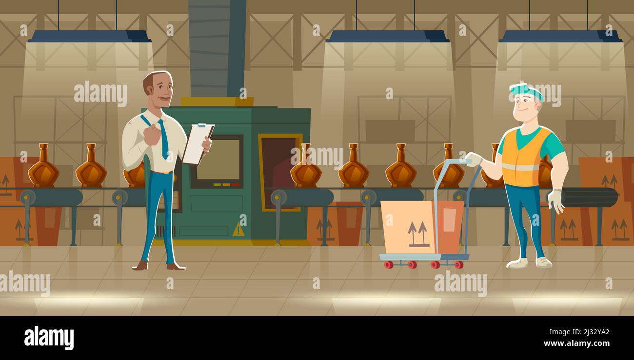 Glass bottles on conveyor belt, cartoon vector illustration. Factory ...