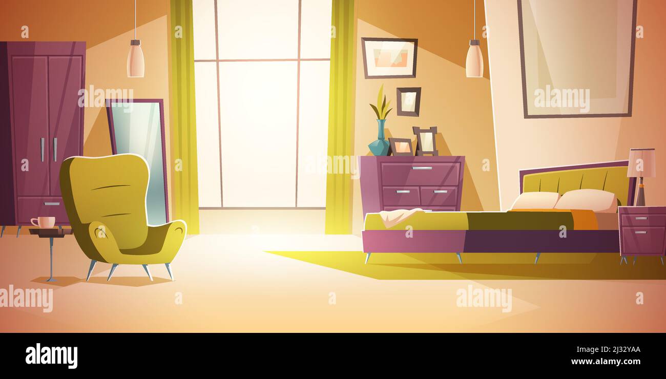 Bedroom interior cartoon vector illustration. Comfortable living room ...