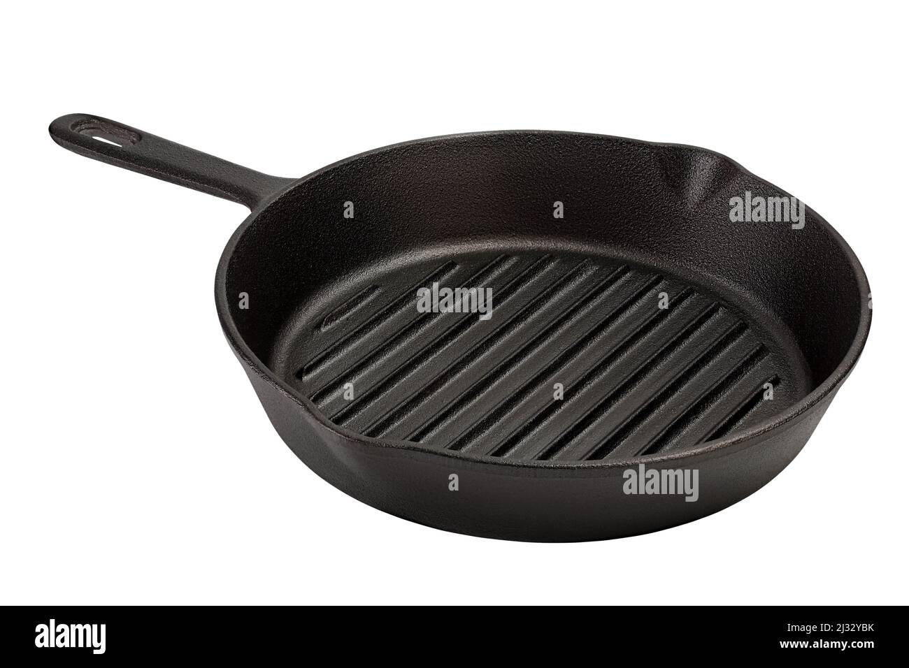 Empty cast iron grill frying pan isolated on white background with ...