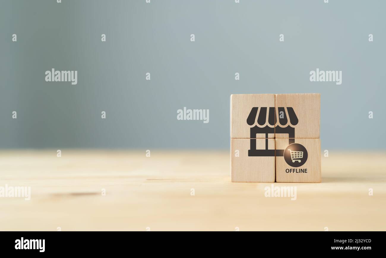Offline shopping and offline marketing concept. The wooden cubes with ...