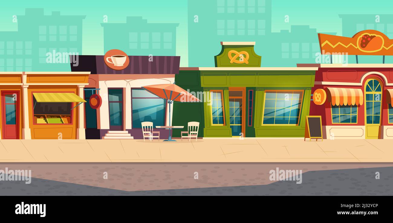 Urban street landscape with small shops and residential buildings in ...