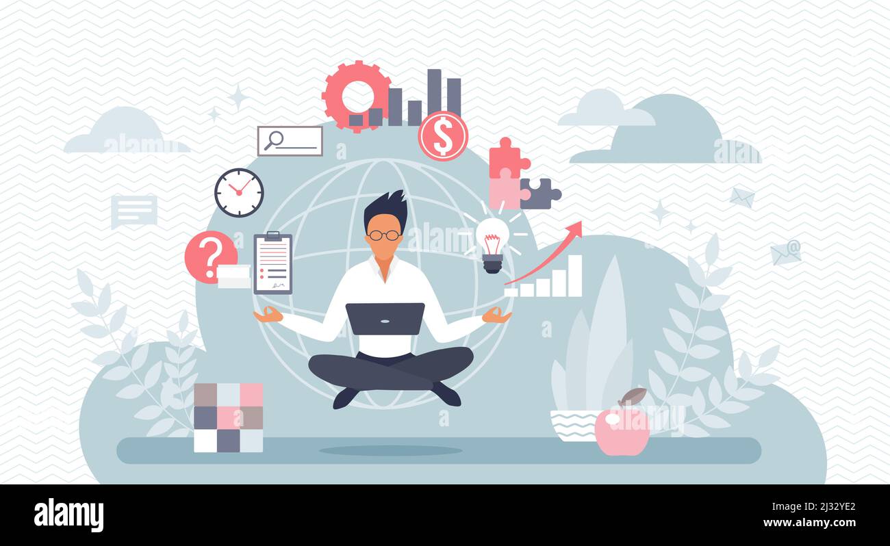 Multitasking businessman in lotus yoga pose working with laptop vector ...