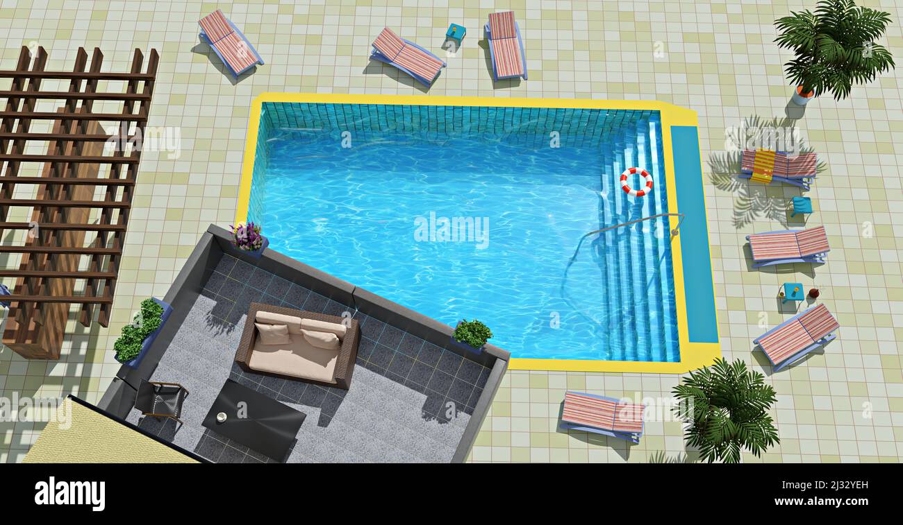 pool area from the bird`s eye view, 3D illustration Stock Photo - Alamy