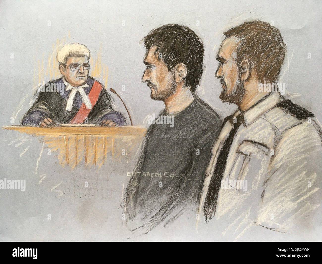 Court artist sketch by Elizabeth Cook of Judge Robert Linford watches ...