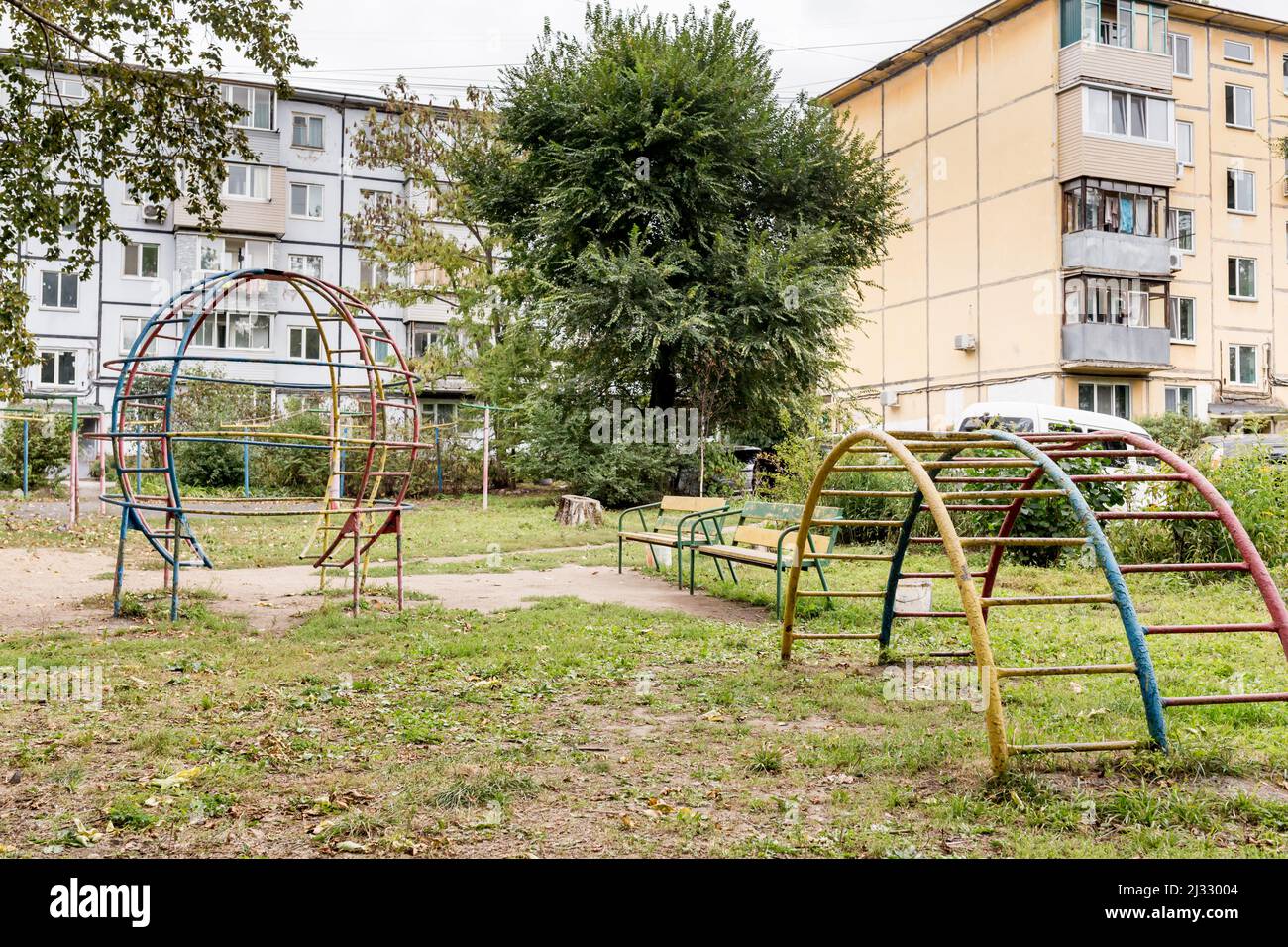 Courtyard of Khrushchyovka, common type of old low-cost apartment ...