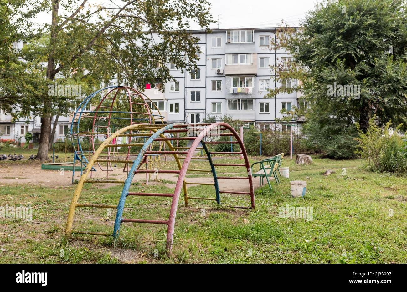 Courtyard of Khrushchyovka, common type of old low-cost apartment ...