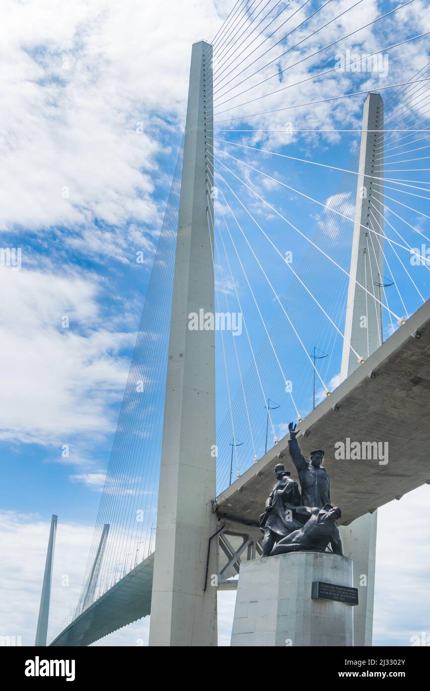 Russia, Vladivostok, June 05, 2021. View on Golden Bridge and monument ...