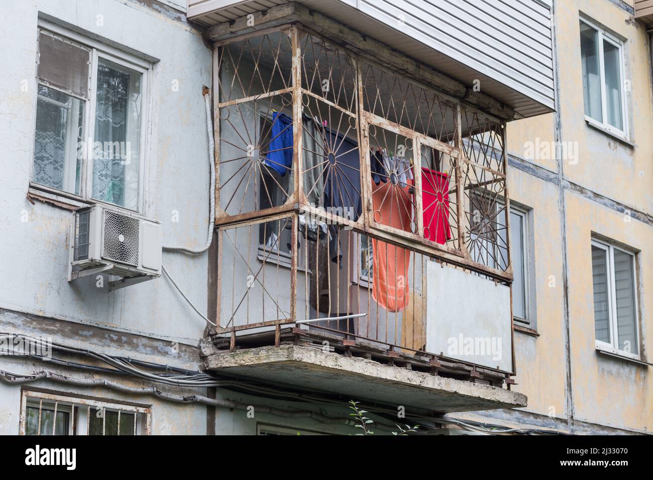 View of Khrushchyovka's balcony. Khrushchyovka is common type of old ...