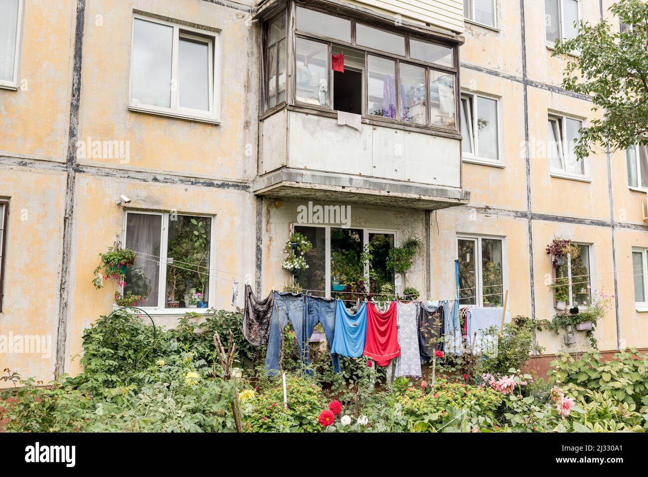 View of Khrushchyovka, common type of old low-cost apartment building ...
