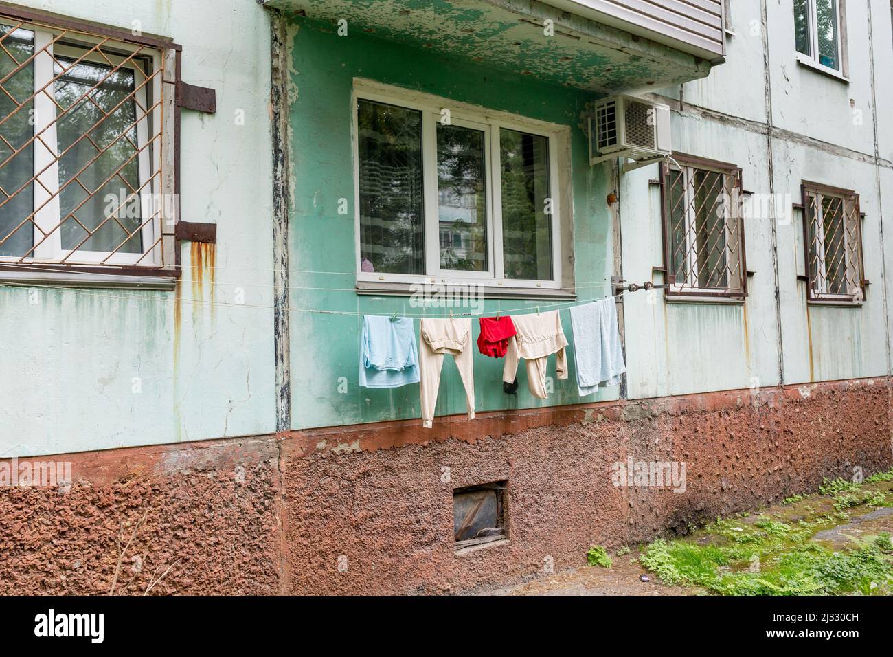 View of Khrushchyovka, common type of old low-cost apartment building ...