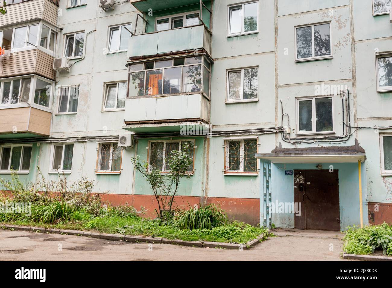 Courtyard of Khrushchyovka, common type of old low-cost apartment ...