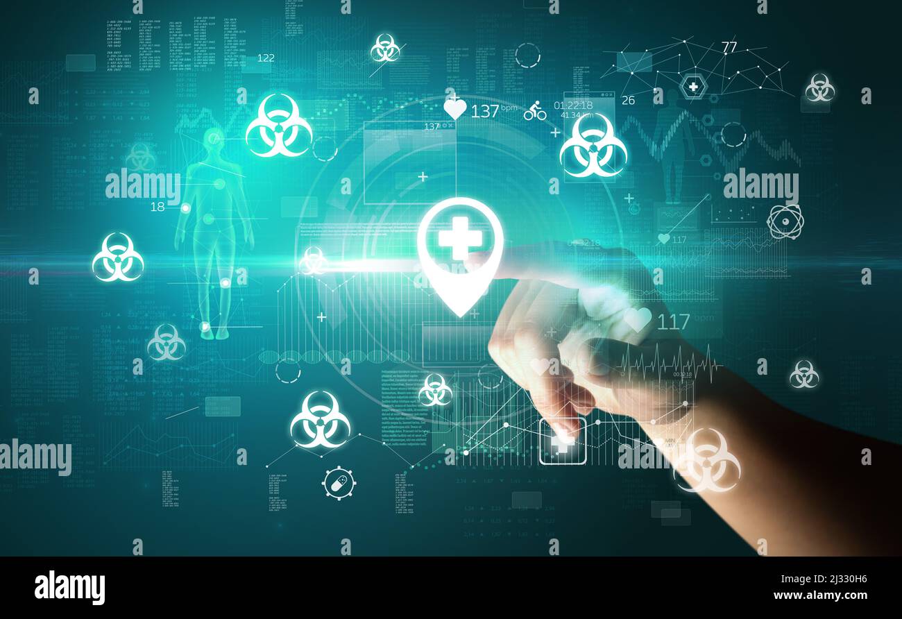 Doctor hand pressing futuristic health device with medical symbol on screen Stock Photo - Alamy