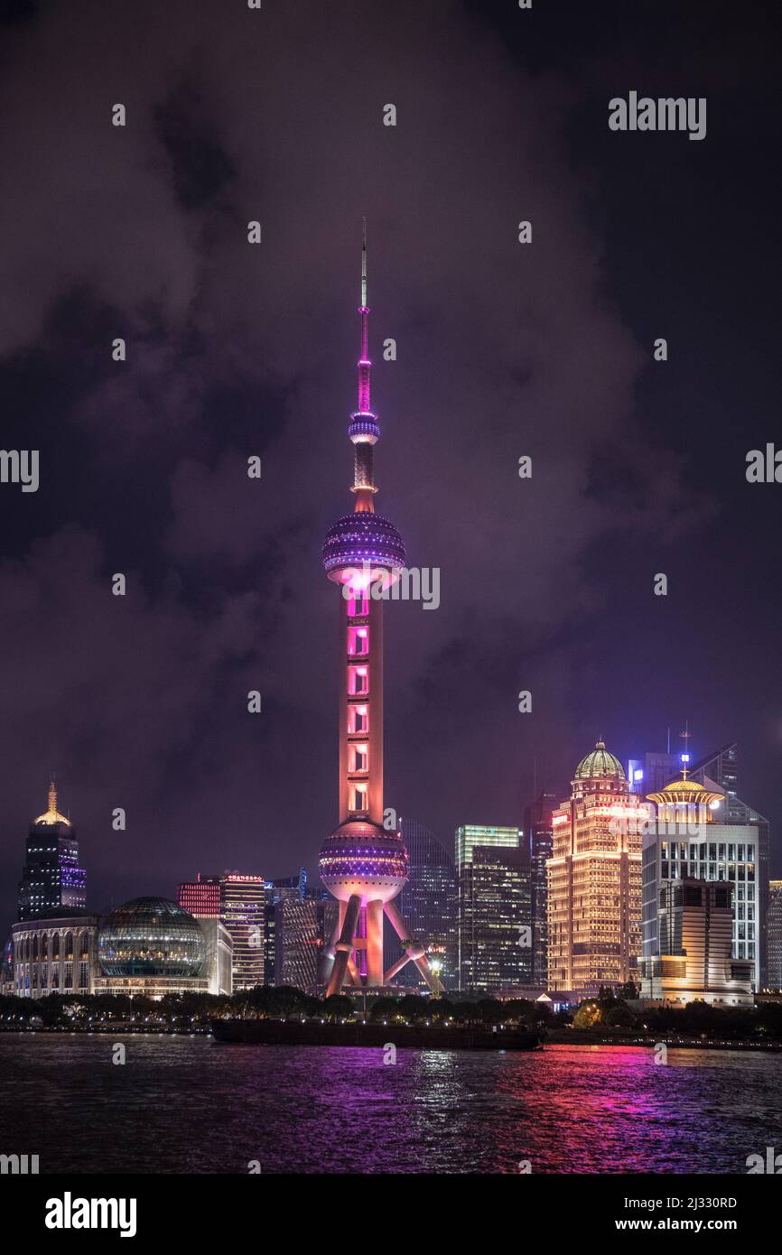 West Pearl Tower at night, view of Pudong skyline, Shanghai, People's ...