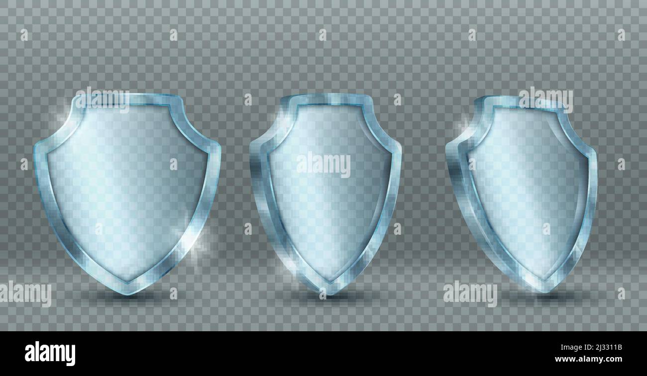 Transparent glass shield. Vector 3d icon of blue safety badge, clear ...