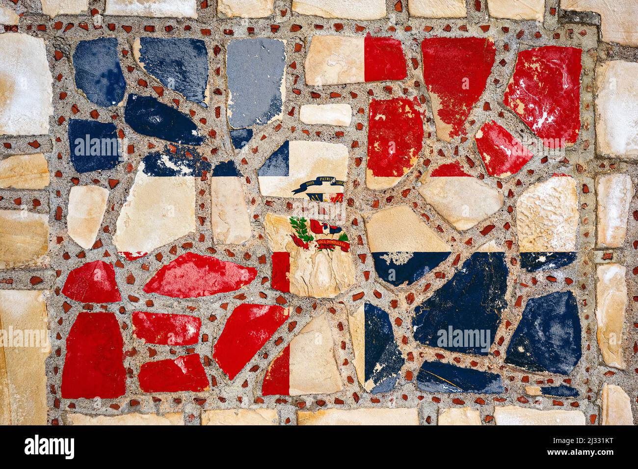 National flag of Dominica on stone wall background. Flag banner on ...
