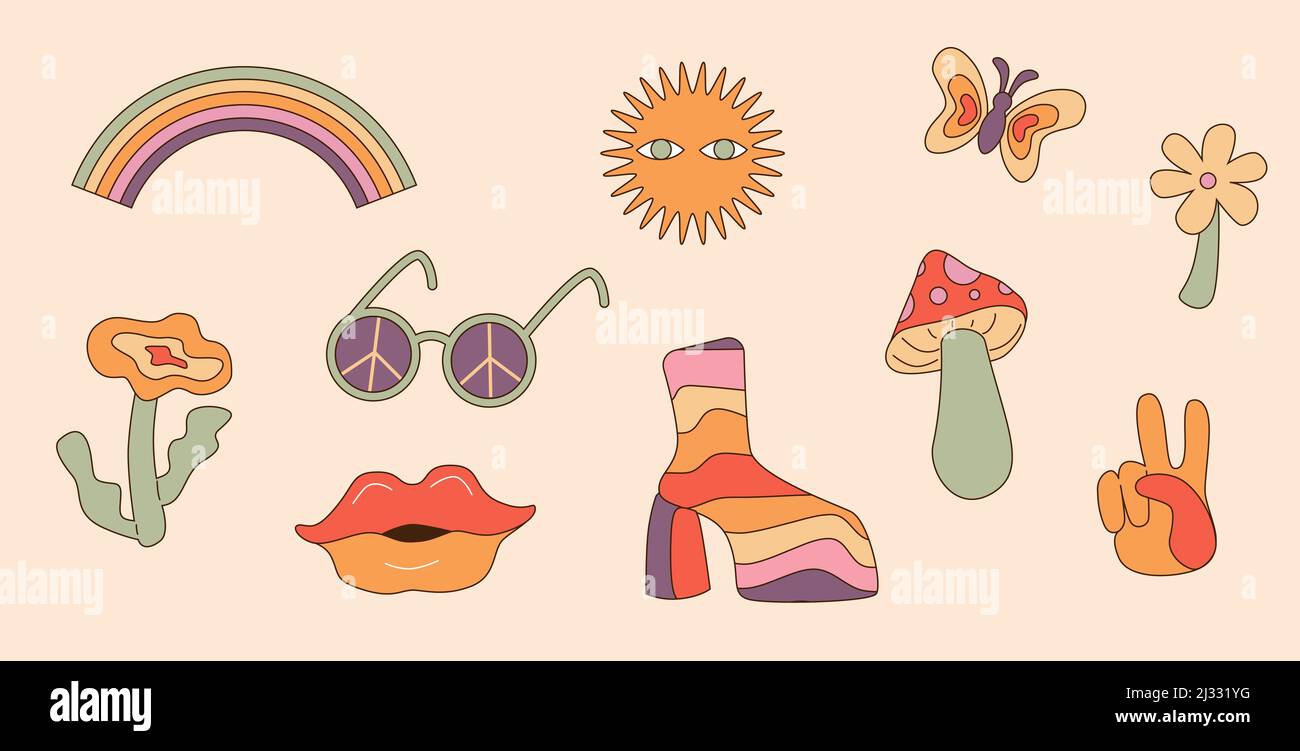 Hippie elements in 60s-80s style. Psychedelic, comic groovy elements ...