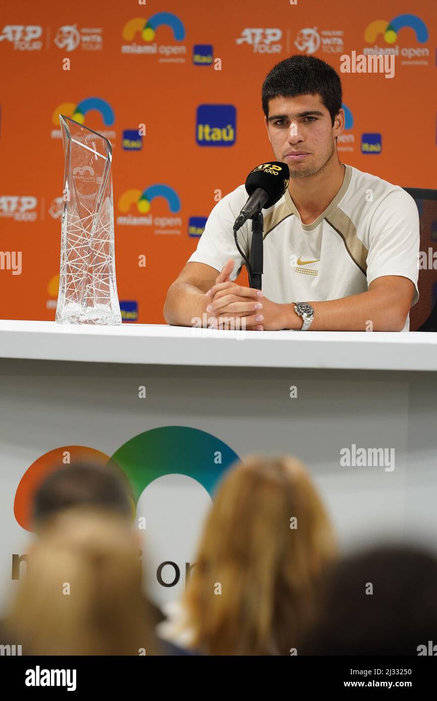 MIAMI GARDENS, FLORIDA - APRIL 03: Carlos Alcaraz of Spain press ...