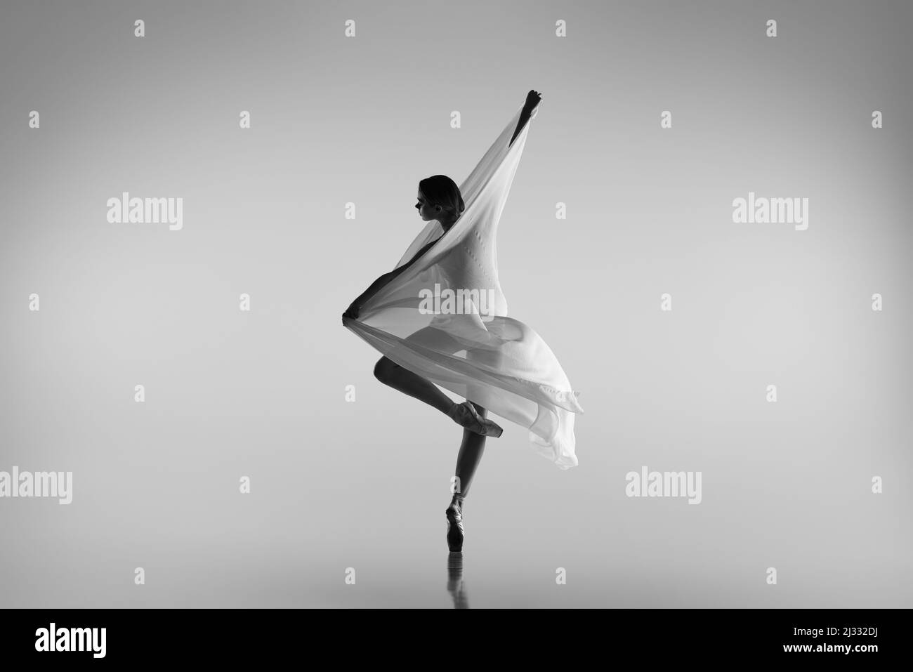 Black and white portrait of graceful ballerina dancing with fabric ...