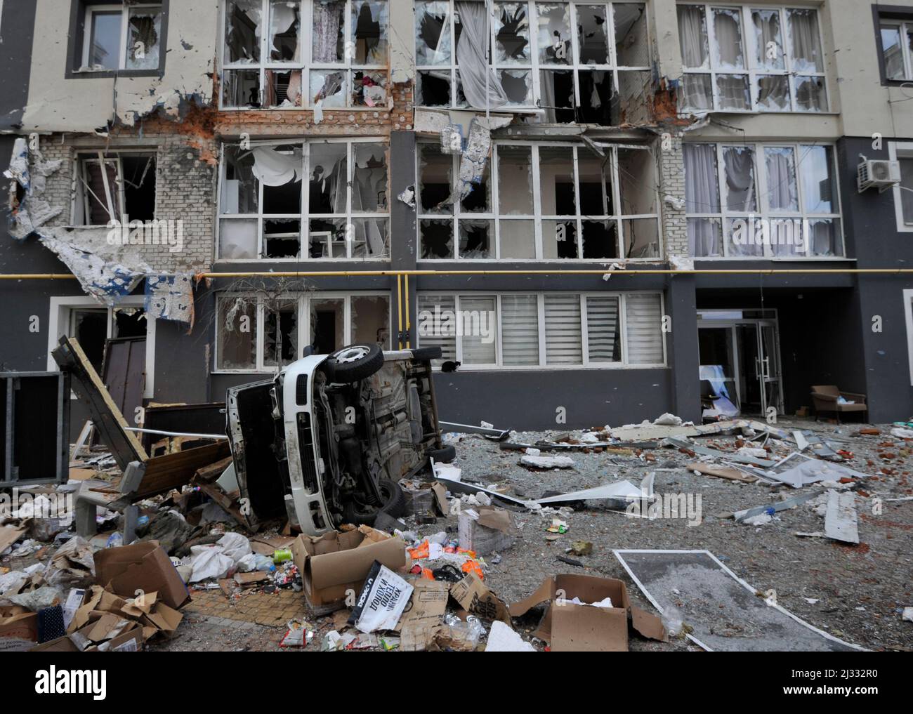 Bucha, Ukraine. 04th Apr, 2022. A view of the damaged residential area ...
