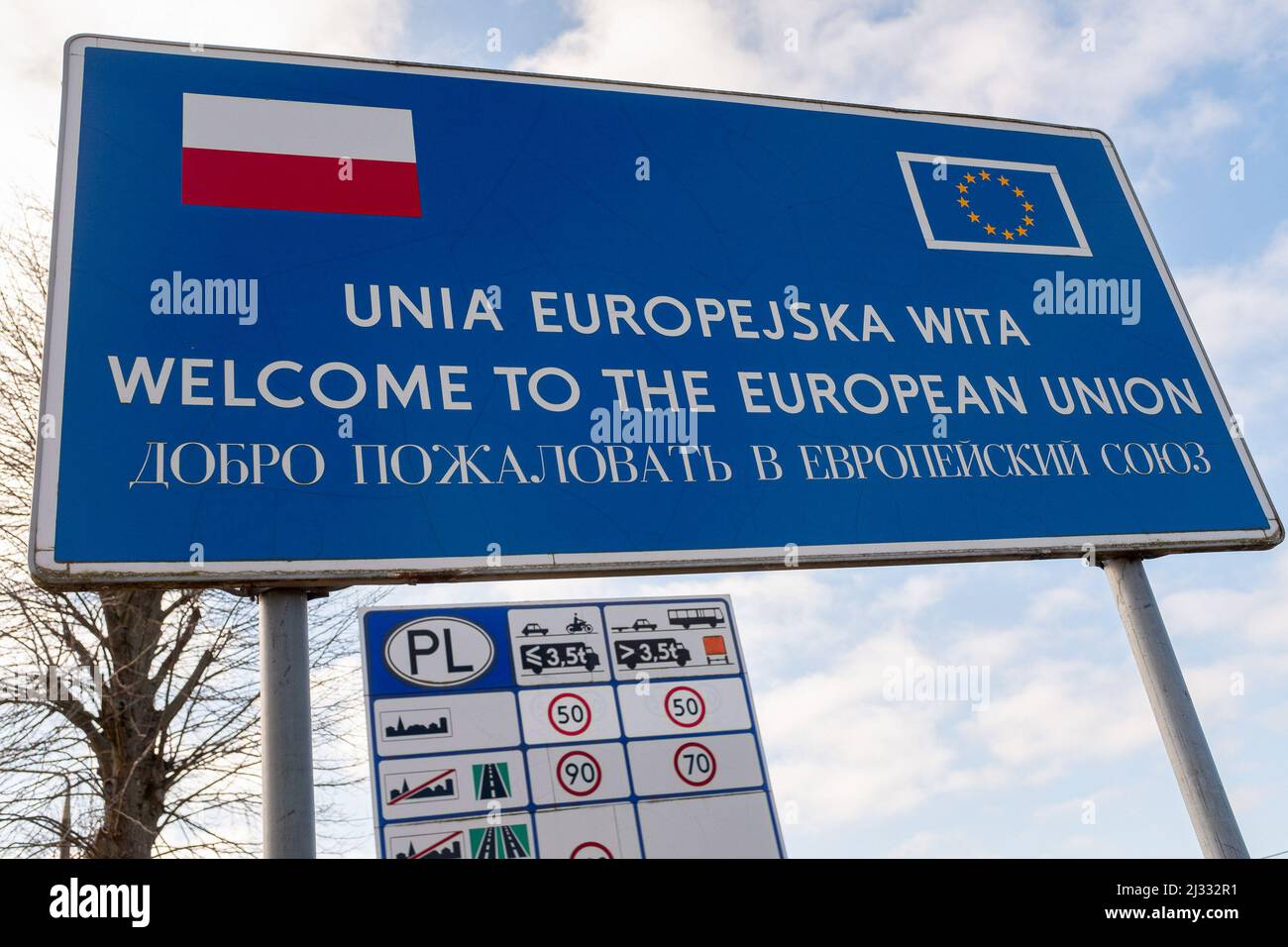 Gdansk, Poland. 03rd Mar, 2022. A sign "Welcome to the European Union ...