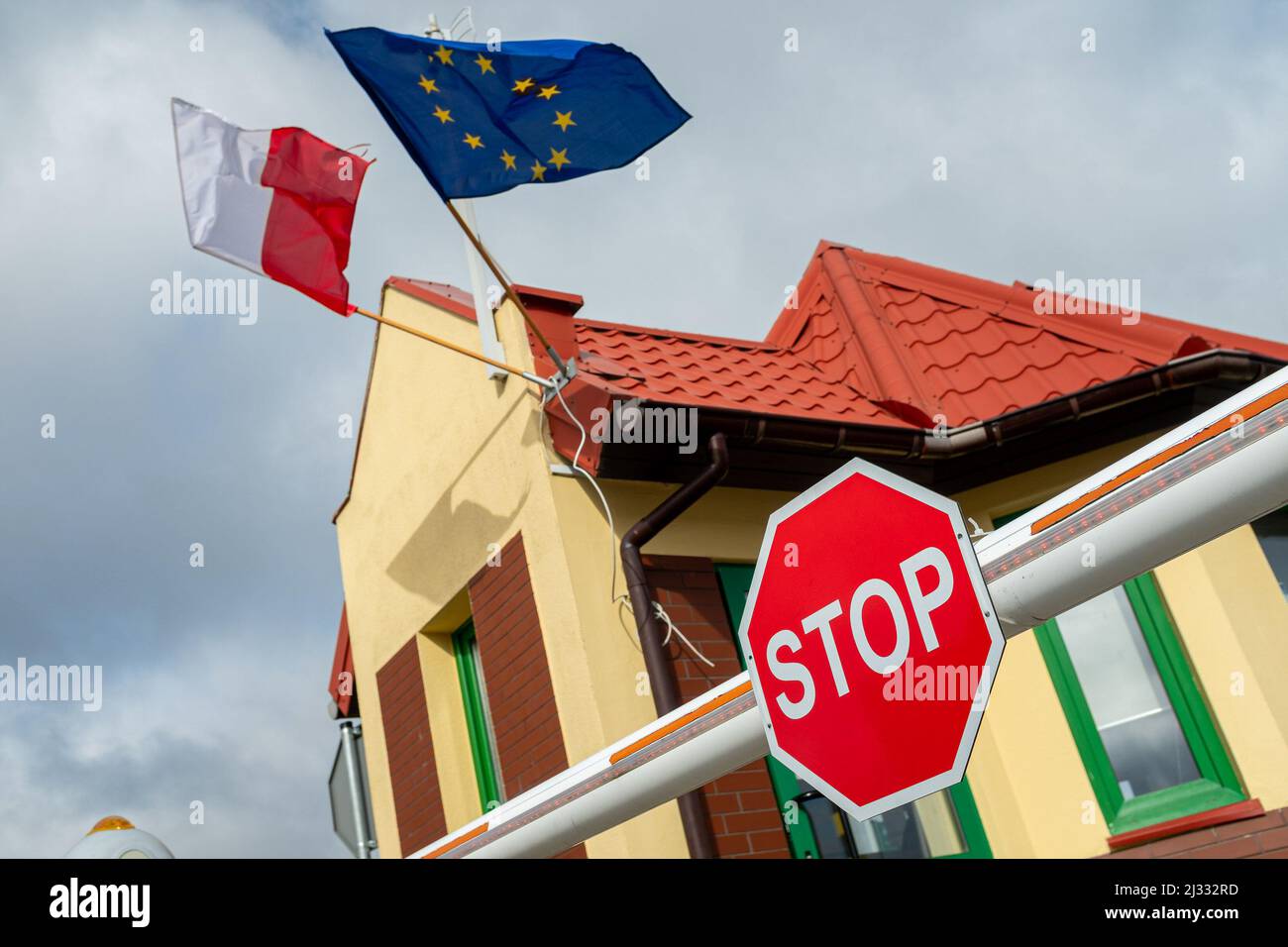 Gdansk, Poland. 03rd Mar, 2022. Flags of Poland and European Union seen ...
