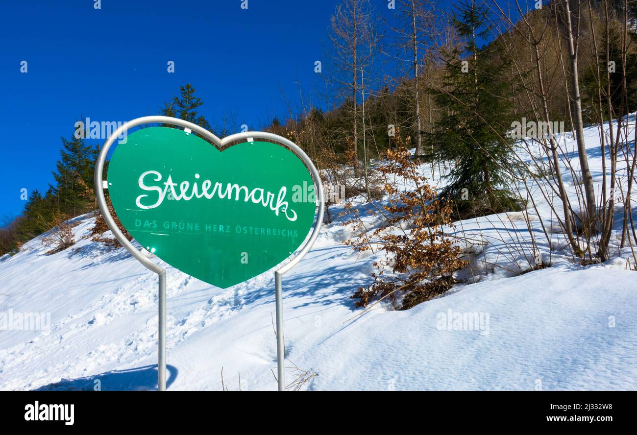 Green Traffic road sign in heart shape. Welcome in Steiermark. Seen at ...