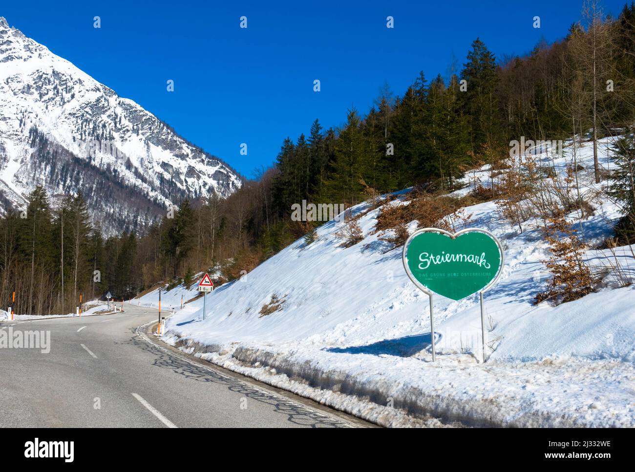 Green Traffic road sign in heart shape. Welcome in Steiermark. Seen at ...