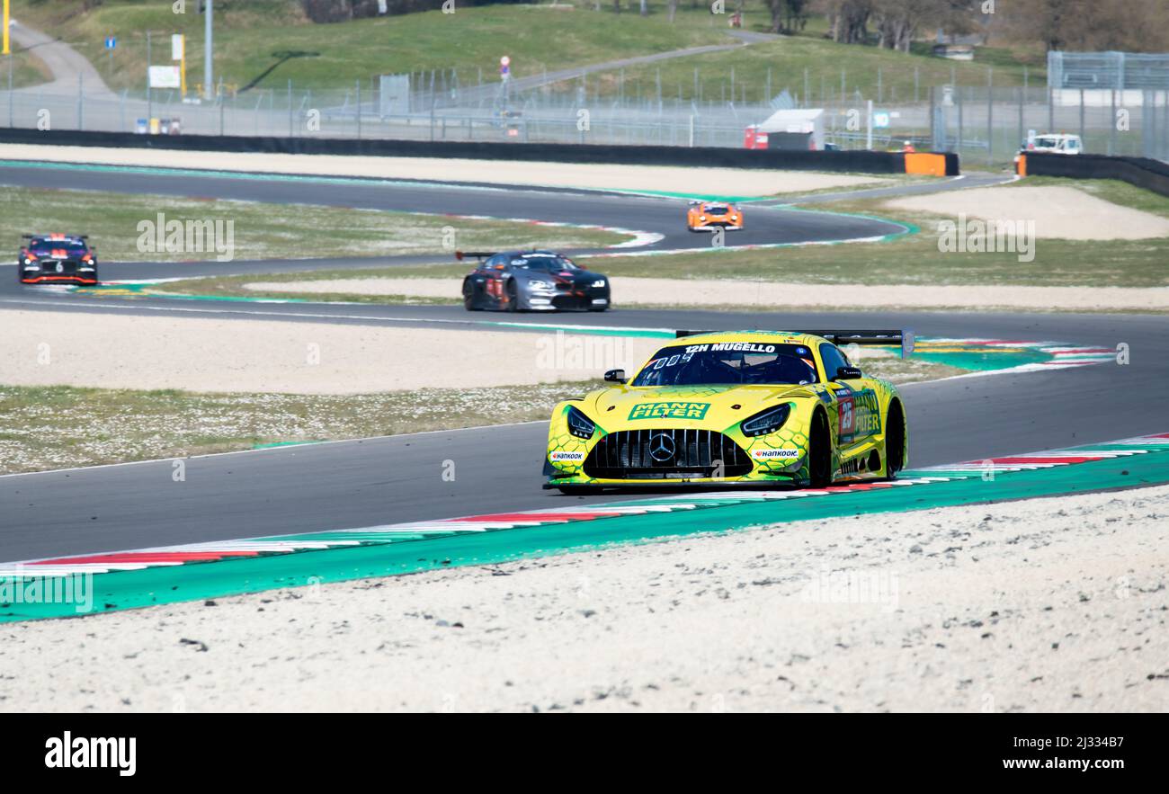 Racing car speed on asphalt racetrack Mercedes AMG. Mugello circuit ...