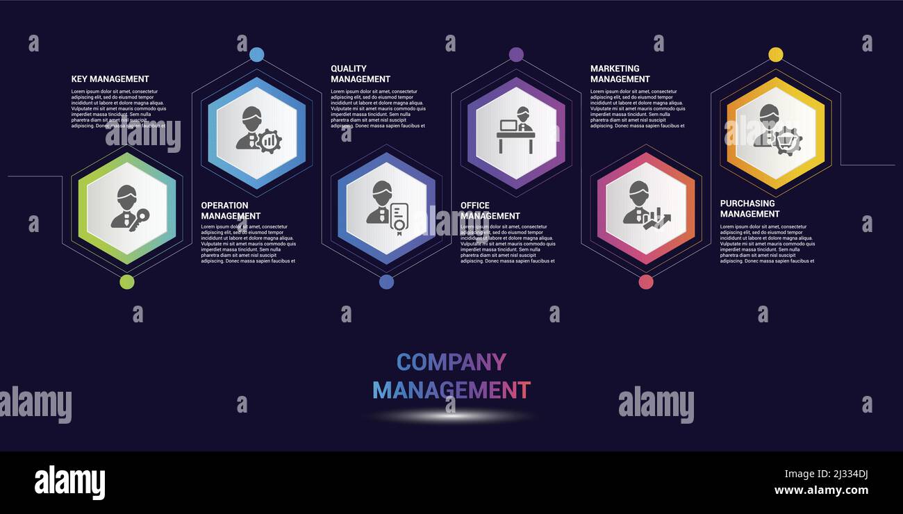 Infographic Company Management template. Icons in different colors ...