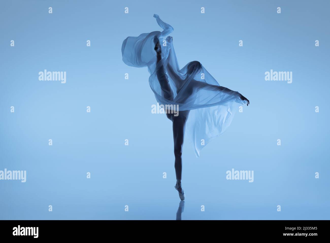 Portrait of flexible woman, graceful ballerina dancing with fabric ...
